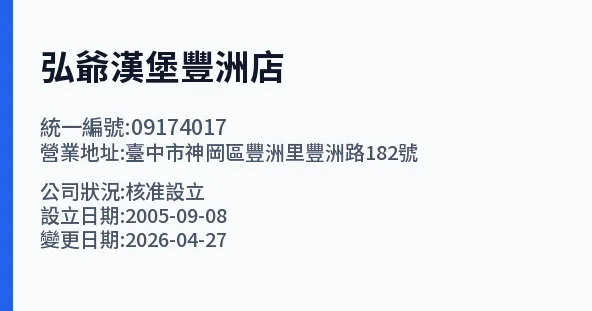 弘爺漢堡豐洲店的照片-統編 09174017(臺中市) 公司登記資料與營業項目詳細圖表
