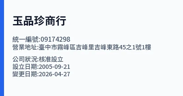 玉品珍商行的照片-統編 09174298(臺中市) 公司登記資料與營業項目詳細圖表