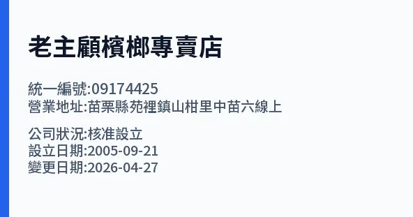 老主顧檳榔專賣店的照片-統編 09174425(苗栗縣) 公司登記資料與營業項目詳細圖表