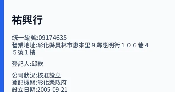 祐興行的照片-統編 09174635(彰化縣) 公司登記資料與營業項目詳細圖表