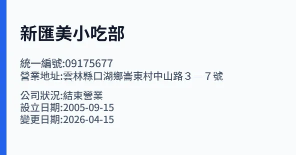 新匯美小吃部的照片-統編 09175677(雲林縣) 公司登記資料與營業項目詳細圖表