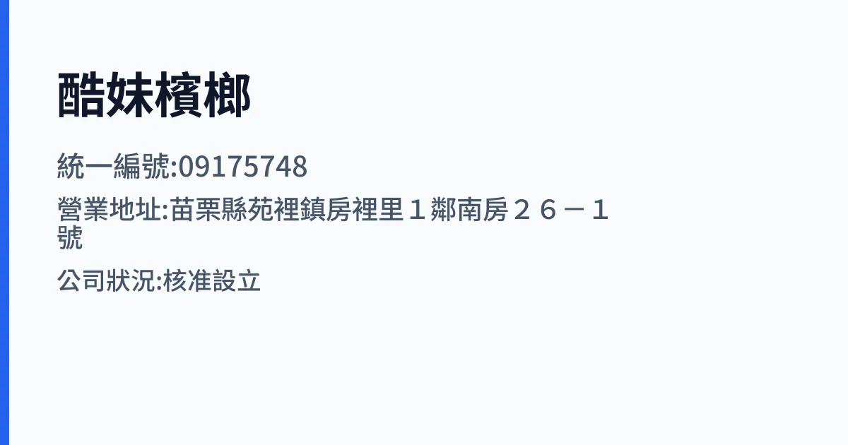 酷妹檳榔 - 統編 09175748(苗栗縣) 公司登記資料與營業項目詳細圖表