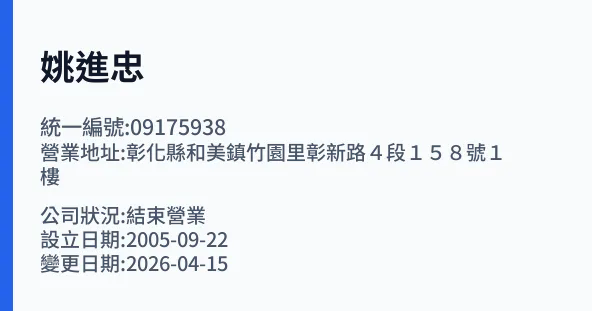 姚進忠的照片-統編 09175938(彰化縣) 公司登記資料與營業項目詳細圖表
