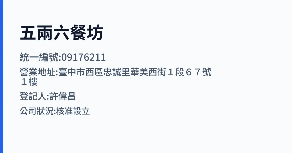 五兩六餐坊 - 統編 09176211(臺中市) 公司登記資料與營業項目詳細圖表