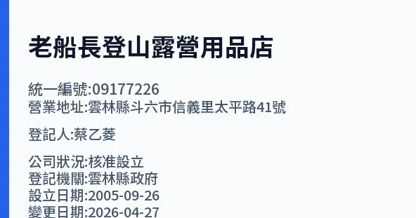 老船長登山露營用品店的照片-統編 09177226(雲林縣) 公司登記資料與營業項目詳細圖表