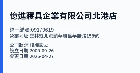 億進寢具企業有限公司北港店的照片-統編 09179619(雲林縣) 公司登記資料與營業項目詳細圖表
