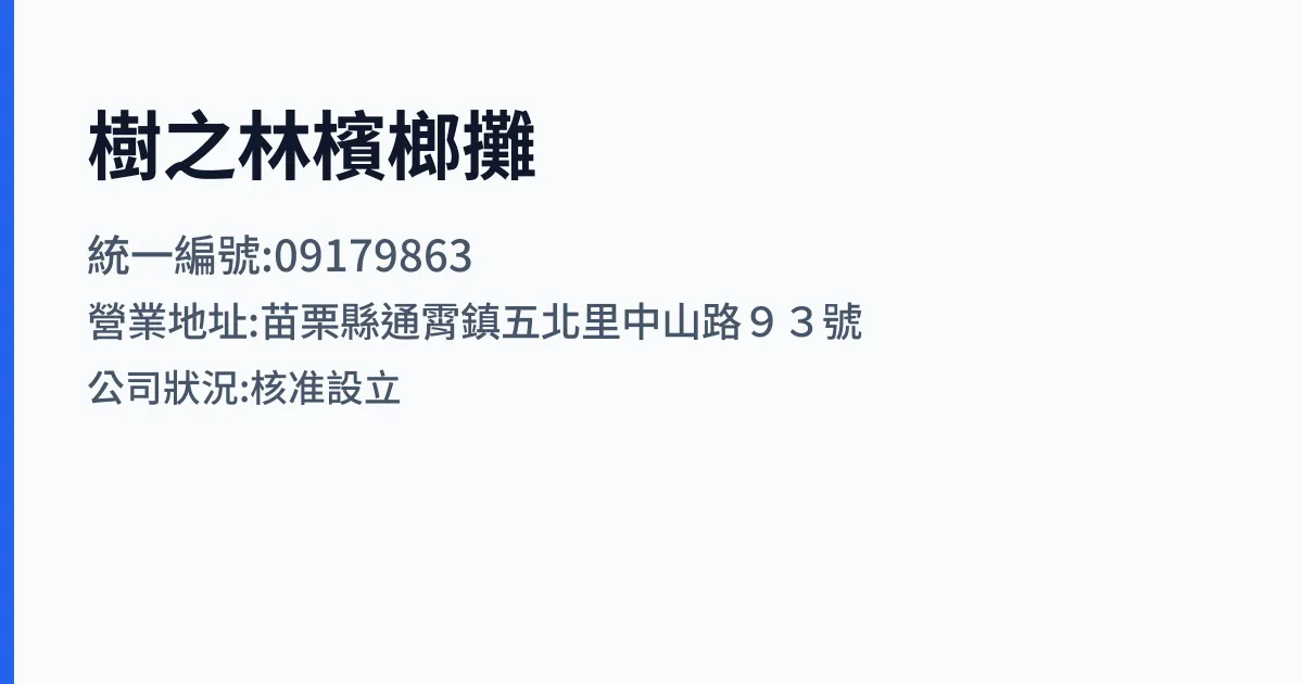 樹之林檳榔攤 - 統編 09179863(苗栗縣) 公司登記資料與營業項目詳細圖表