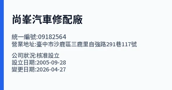 尚峯汽車修配廠的照片-統編 09182564(臺中市) 公司登記資料與營業項目詳細圖表