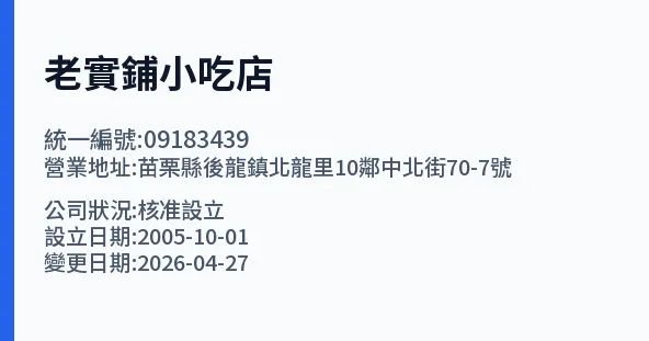 老實鋪小吃店的照片-統編 09183439(苗栗縣) 公司登記資料與營業項目詳細圖表