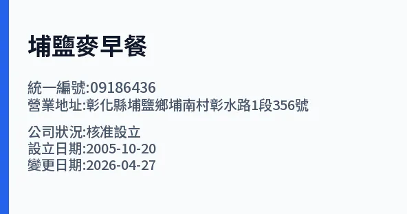 埔鹽麥早餐的照片-統編 09186436(彰化縣) 公司登記資料與營業項目詳細圖表