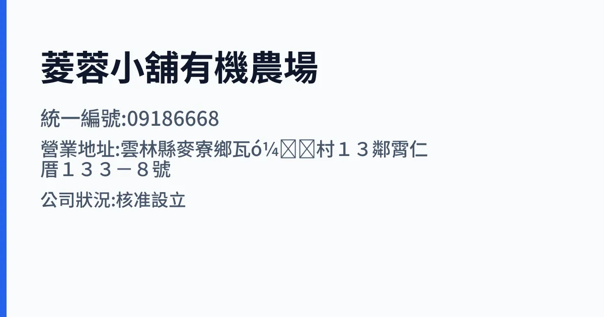 菱蓉小舖有機農場 - 統編 09186668(雲林縣) 公司登記資料與營業項目詳細圖表