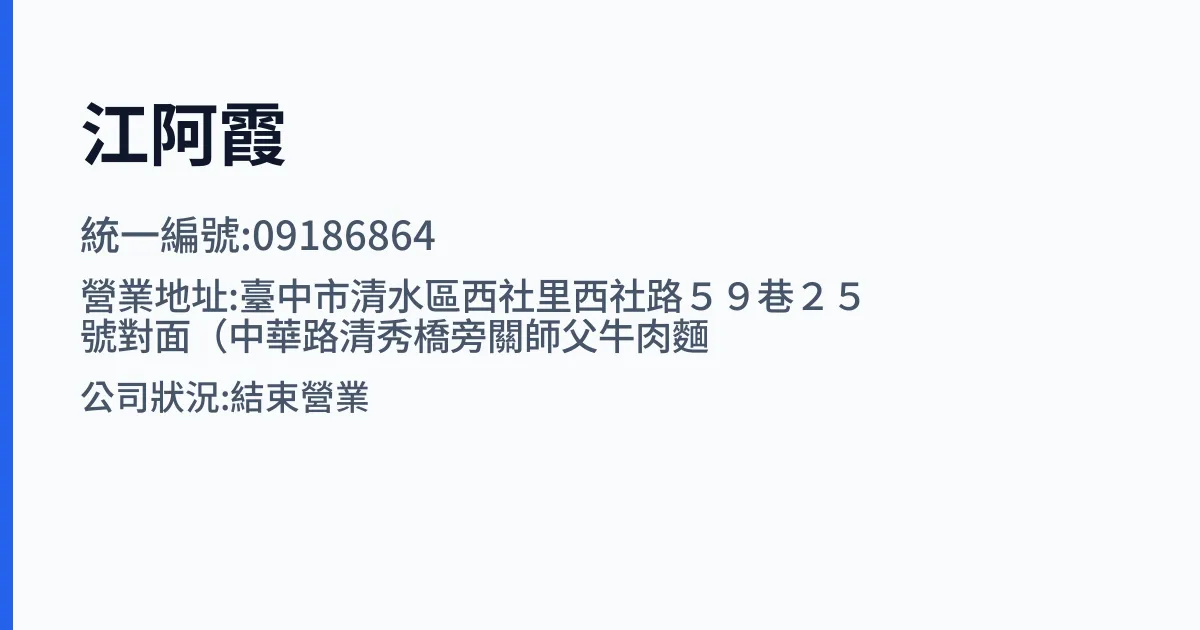 江阿霞 - 統編 09186864(臺中市) 公司登記資料與營業項目詳細圖表
