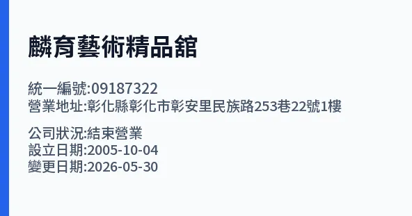 麟育藝術精品舘的照片-統編 09187322(彰化縣) 公司登記資料與營業項目詳細圖表