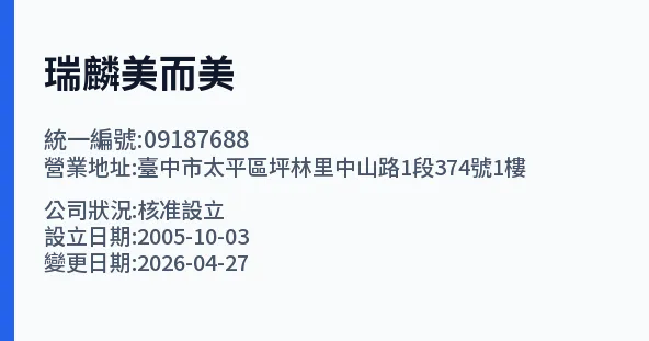 瑞麟美而美的照片-統編 09187688(臺中市) 公司登記資料與營業項目詳細圖表