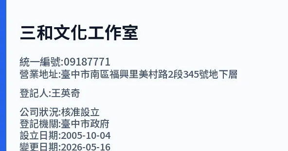 三和文化工作室的照片-統編 09187771(臺中市) 公司登記資料與營業項目詳細圖表