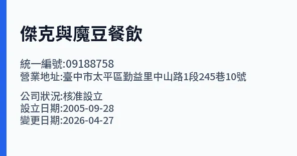 傑克與魔豆餐飲的照片-統編 09188758(臺中市) 公司登記資料與營業項目詳細圖表