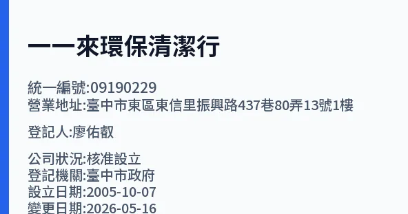 一一來環保清潔行的照片-統編 09190229(臺中市) 公司登記資料與營業項目詳細圖表