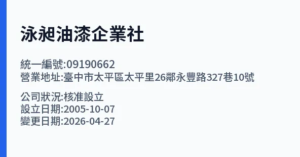 泳昶油漆企業社的照片-統編 09190662(臺中市) 公司登記資料與營業項目詳細圖表