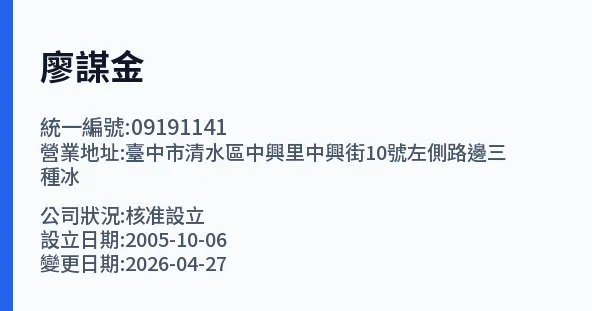 廖謀金的照片-統編 09191141(臺中市) 公司登記資料與營業項目詳細圖表