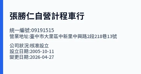 張勝仁自營計程車行的照片-統編 09191515(臺中市) 公司登記資料與營業項目詳細圖表