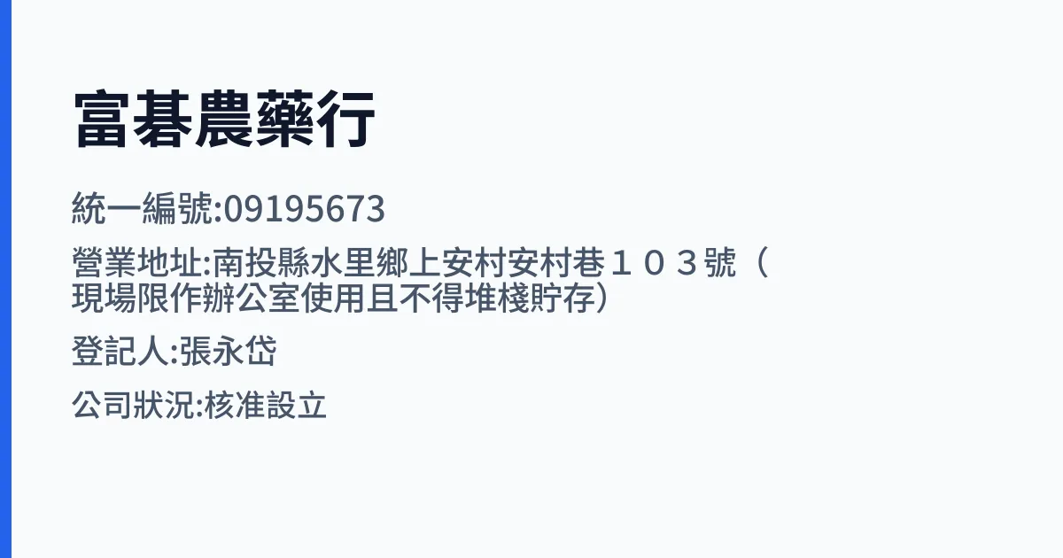 富碁農藥行 - 統編 09195673(南投縣) 公司登記資料與營業項目詳細圖表
