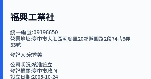 福興工業社的照片-統編 09196650(臺中市) 公司登記資料與營業項目詳細圖表