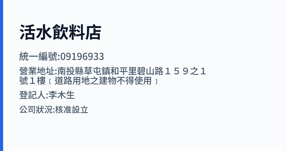 活水飲料店 - 統編 09196933（南投縣） 公司登記資料與營業項目詳細圖表