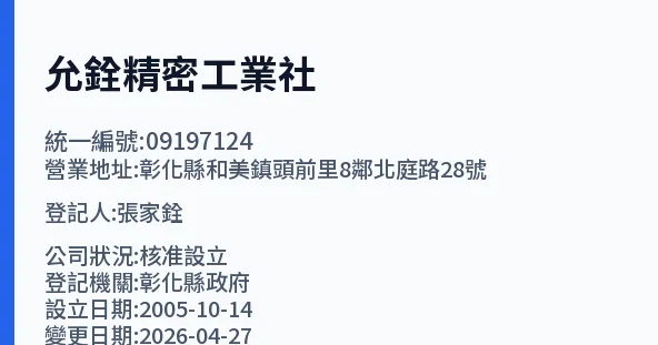 允銓精密工業社的照片-統編 09197124(彰化縣) 公司登記資料與營業項目詳細圖表