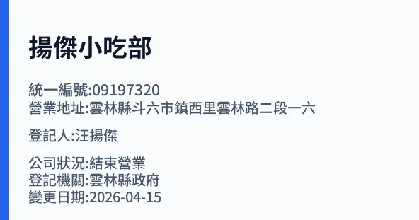 揚傑小吃部的照片-統編 09197320(雲林縣) 公司登記資料與營業項目詳細圖表