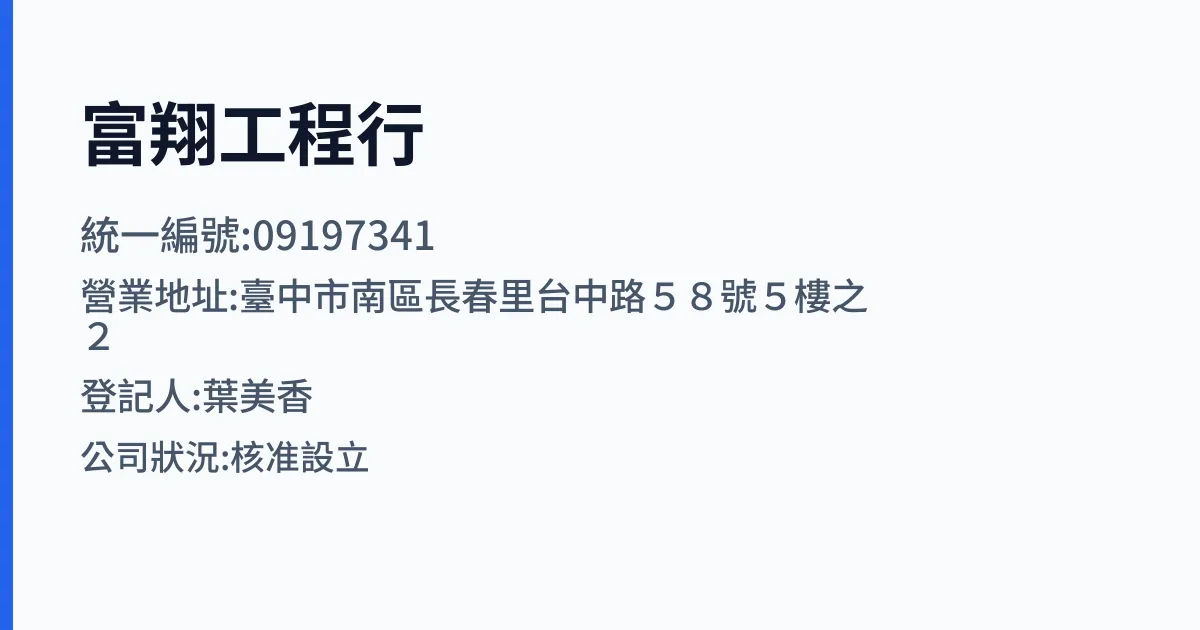 富翔工程行 - 統編 09197341(臺中市) 公司登記資料與營業項目詳細圖表