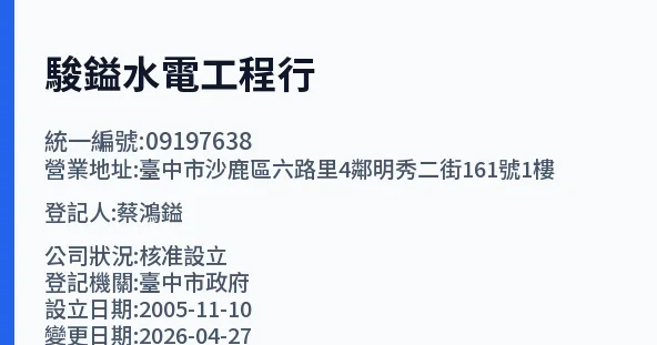 駿鎰水電工程行的照片-統編 09197638(臺中市) 公司登記資料與營業項目詳細圖表