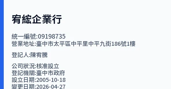 宥綋企業行的照片-統編 09198735(臺中市) 公司登記資料與營業項目詳細圖表