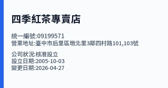 四季紅茶專賣店的照片-統編 09199571(臺中市) 公司登記資料與營業項目詳細圖表