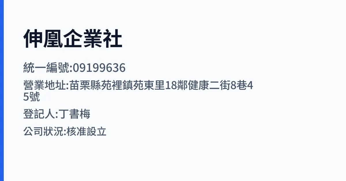 伸凰企業社 - 統編 09199636(苗栗縣) 公司登記資料與營業項目詳細圖表