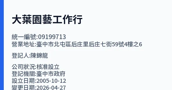 大葉園藝工作行的照片-統編 09199713(臺中市) 公司登記資料與營業項目詳細圖表