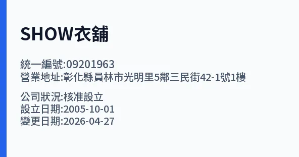 SHOW衣舖的照片-統編 09201963(彰化縣) 公司登記資料與營業項目詳細圖表