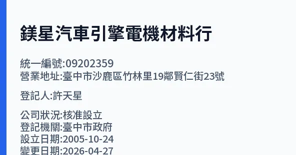 鎂星汽車引擎電機材料行的照片-統編 09202359(臺中市) 公司登記資料與營業項目詳細圖表