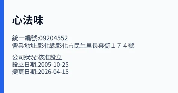 心法味的照片-統編 09204552(彰化縣) 公司登記資料與營業項目詳細圖表
