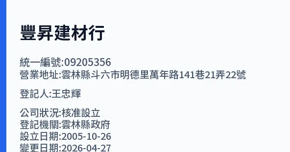 豐昇建材行的照片-統編 09205356(雲林縣) 公司登記資料與營業項目詳細圖表