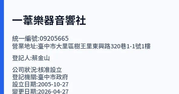 一葦樂器音響社的照片-統編 09205665(臺中市) 公司登記資料與營業項目詳細圖表