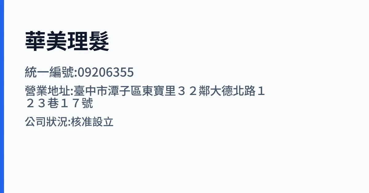 華美理髮 - 統編 09206355(臺中市) 公司登記資料與營業項目詳細圖表