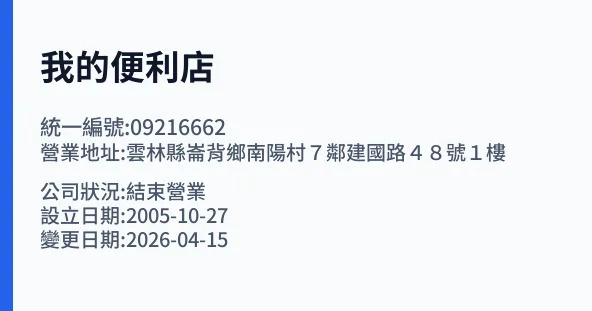 我的便利店的照片-統編 09216662(雲林縣) 公司登記資料與營業項目詳細圖表
