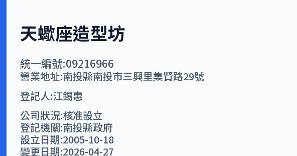 天蠍座造型坊的照片-統編 09216966(南投縣) 公司登記資料與營業項目詳細圖表