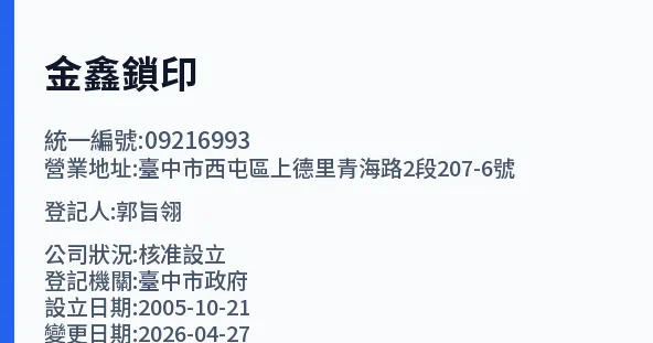 金鑫鎖印的照片-統編 09216993(臺中市) 公司登記資料與營業項目詳細圖表