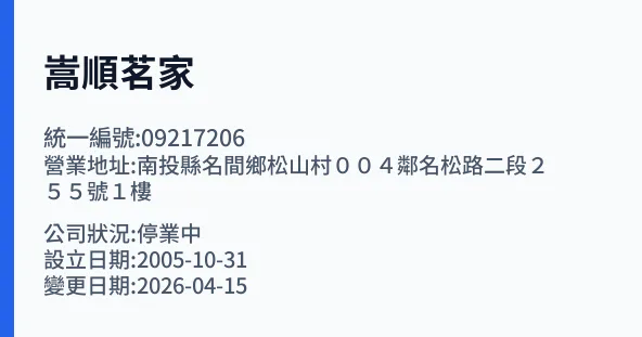 嵩順茗家的照片-統編 09217206(南投縣) 公司登記資料與營業項目詳細圖表