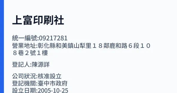 上富印刷社的照片-統編 09217281(彰化縣) 公司登記資料與營業項目詳細圖表
