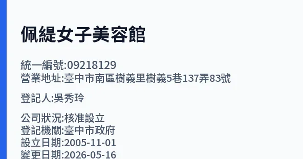 佩緹女子美容館的照片-統編 09218129(臺中市) 公司登記資料與營業項目詳細圖表