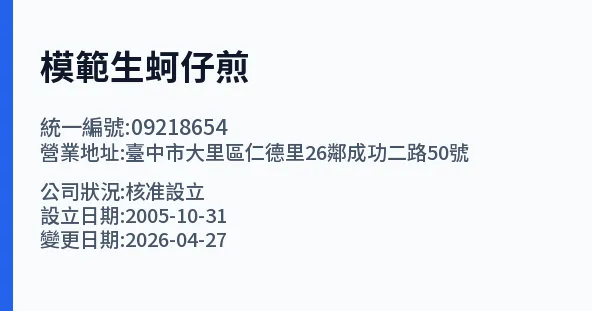 模範生蚵仔煎的照片-統編 09218654(臺中市) 公司登記資料與營業項目詳細圖表