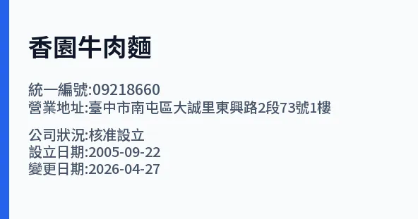 香園牛肉麵的照片-統編 09218660(臺中市) 公司登記資料與營業項目詳細圖表