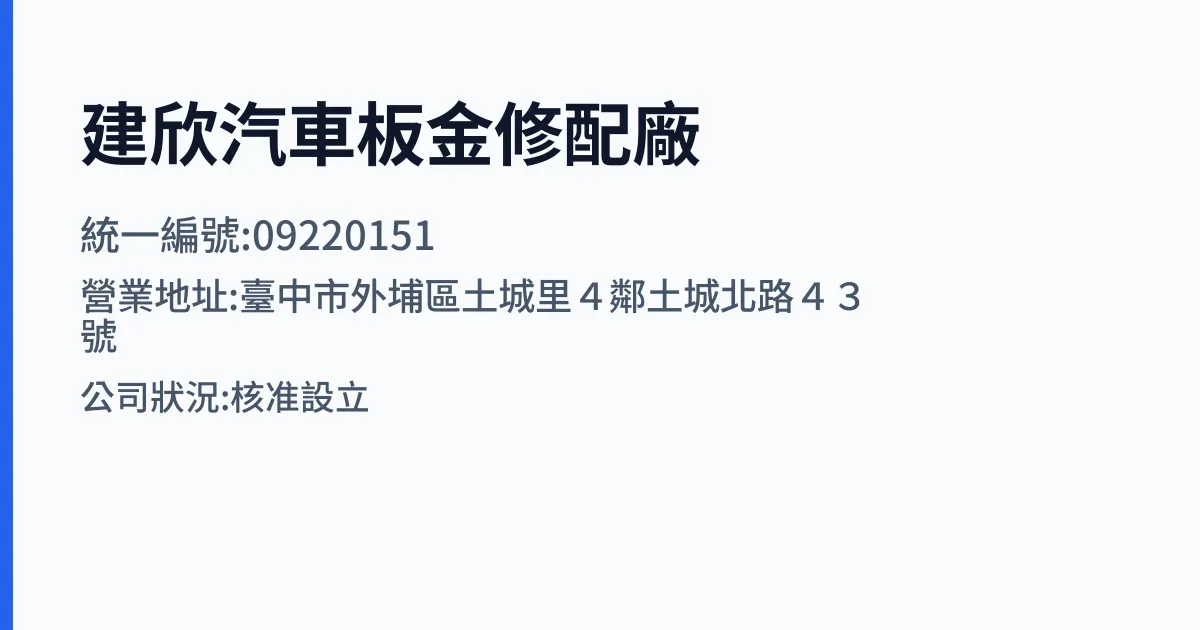 建欣汽車板金修配廠 - 統編 09220151（臺中市） 公司登記資料與營業項目詳細圖表